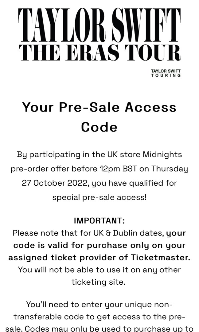 Taylor Swift Access Code (UK/Dublin), Tickets & Vouchers, Event Tickets ...