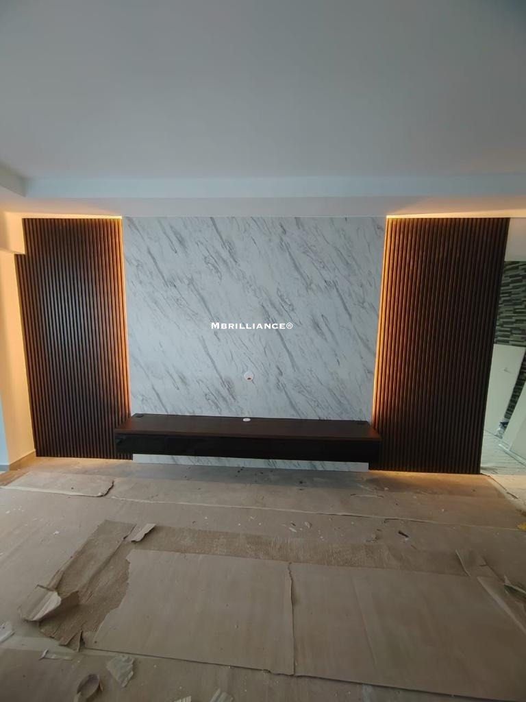 Tv console feature wall full height fluted panels, Furniture & Home ...