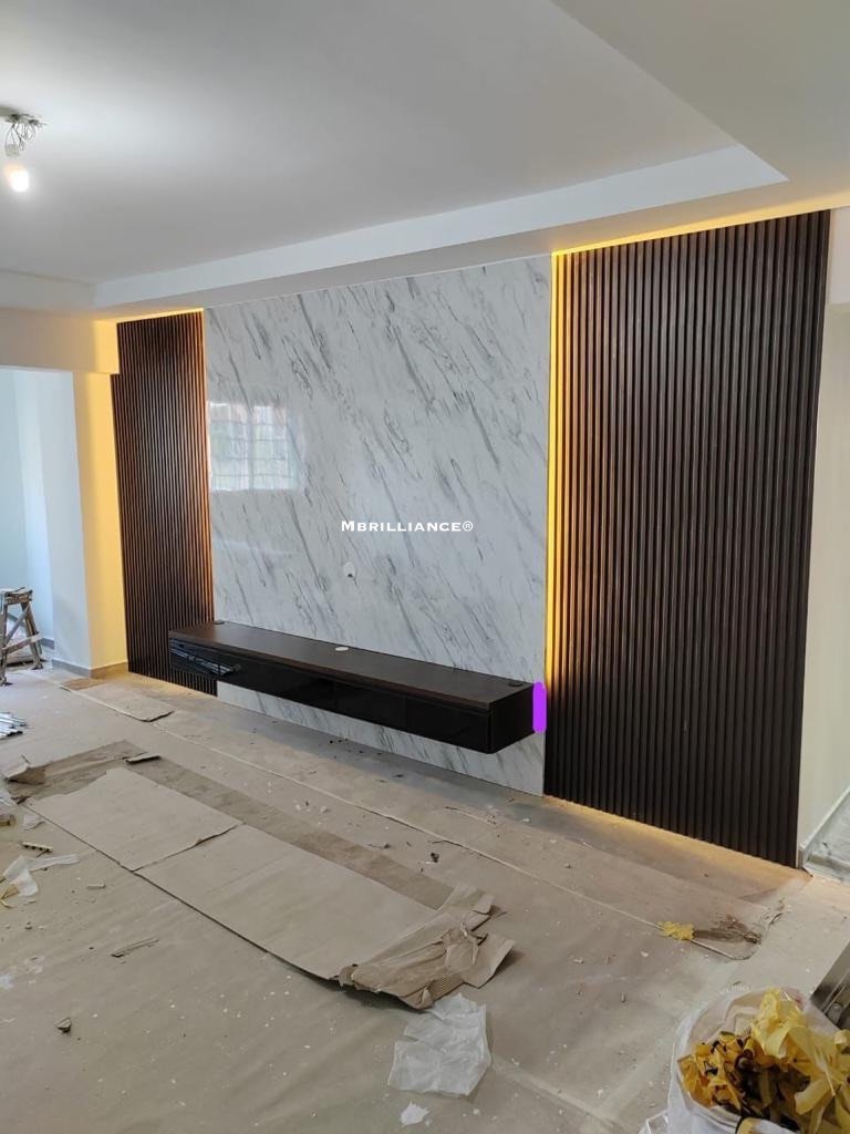 Tv console feature wall full height fluted panels, Furniture & Home ...