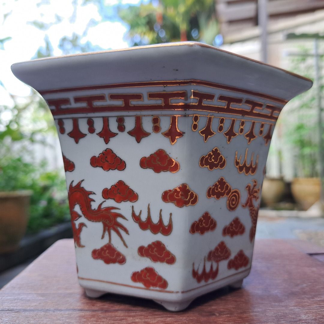 Vintage Hand Painted Red Dragons Hexagonal Pot, Furniture & Home Living ...