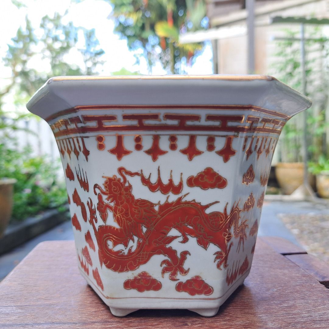 Vintage Hand Painted Red Dragons Hexagonal Pot, Furniture & Home Living ...