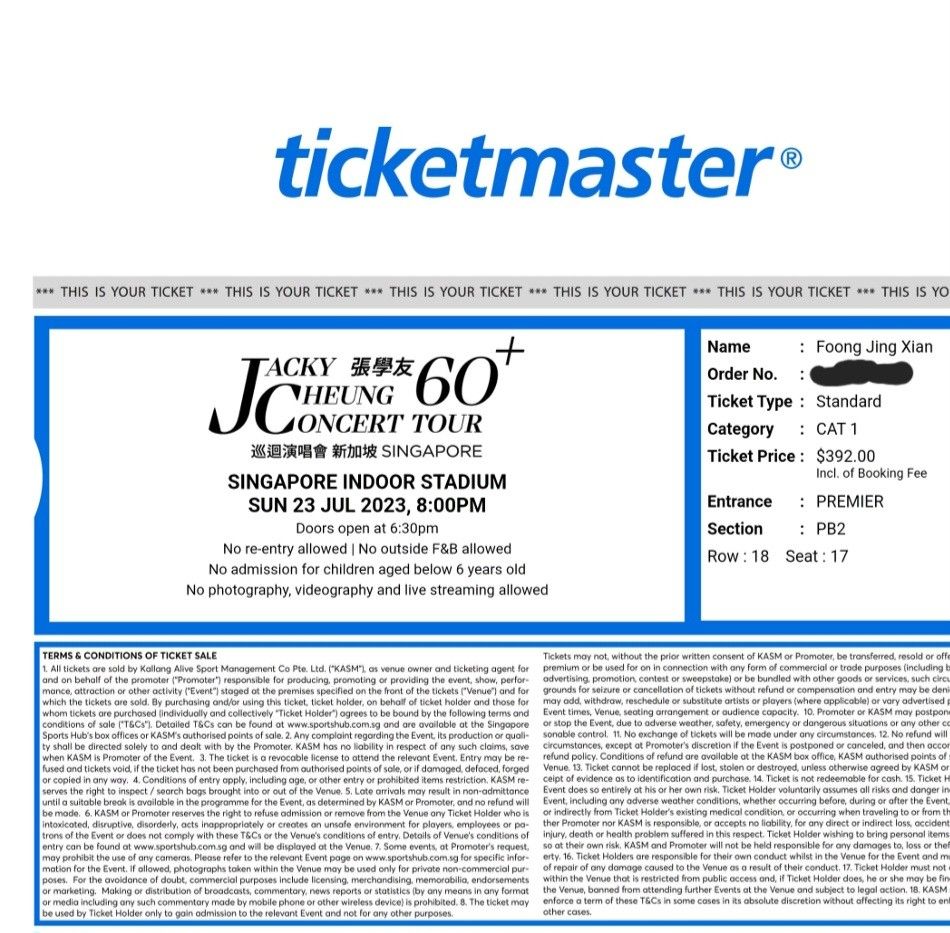 Jacky cheung concert Cat 1 tickets X 2 (23 July 2024 Sunday) FINAL PRICE, Tickets & Vouchers ...