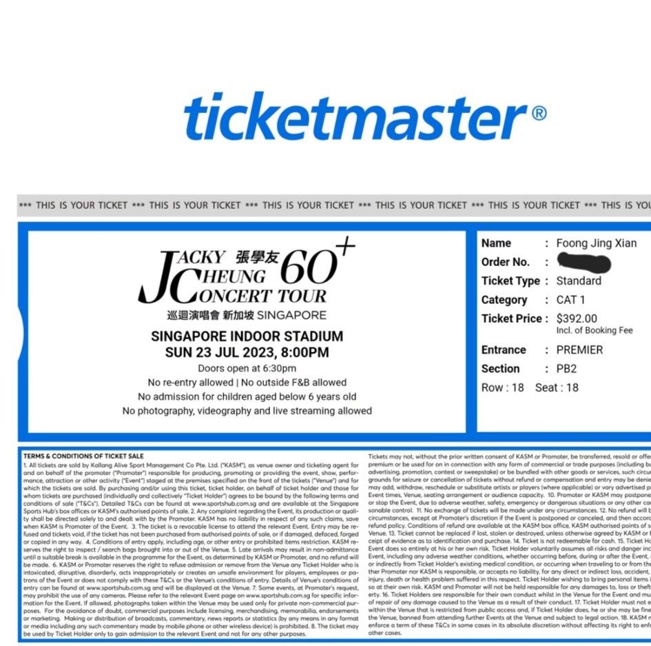 Jacky cheung concert Cat 1 tickets X 2 (23 July 2024 Sunday) FINAL PRICE, Tickets & Vouchers ...