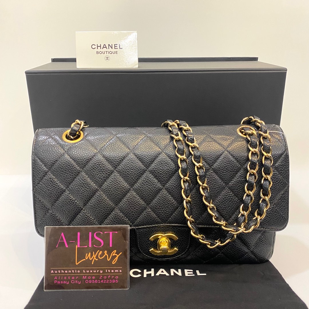 AUTHENTIC CHANEL CLASSIC MEDIUM DOUBLE FLAP BAG IN BLACK CAVIAR LEATHER ...