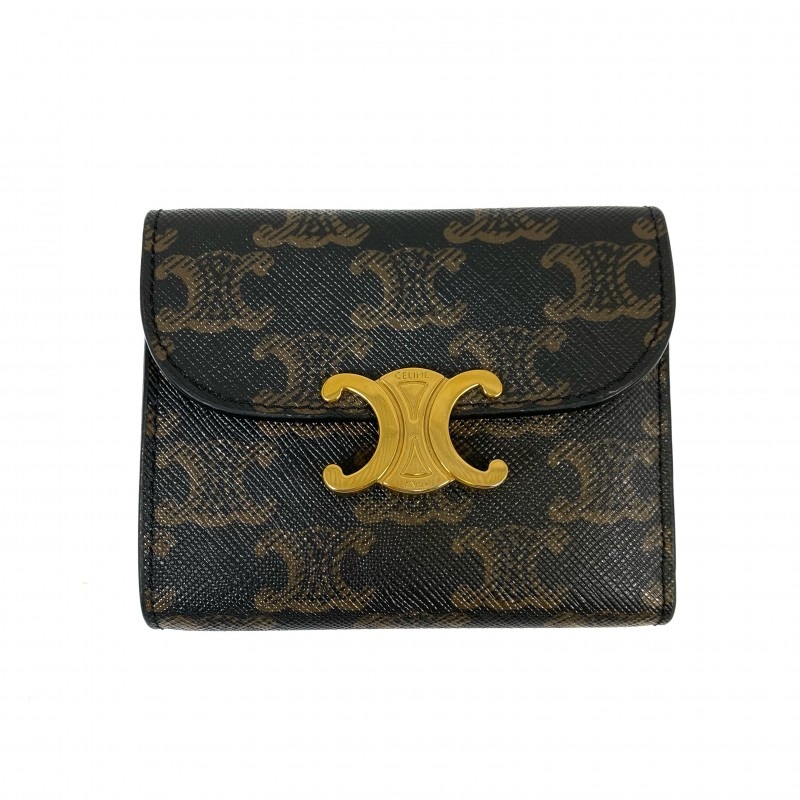 Celine Triomphe Black and Brown Coated Canvas Short Bi Fold Wallet on Carousell