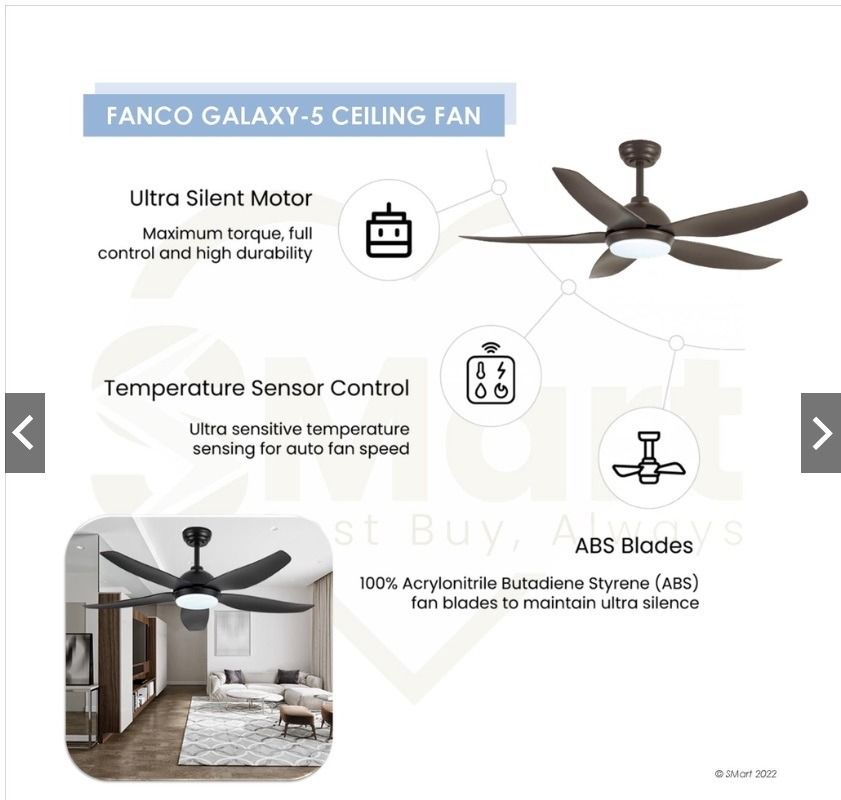Fanco Galaxy-5 DC Motor Ceiling Fan with 3 Tone LED Light & Remote ...