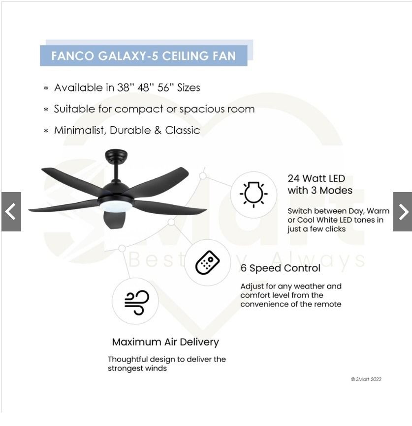 Fanco Galaxy-5 DC Motor Ceiling Fan with 3 Tone LED Light & Remote ...