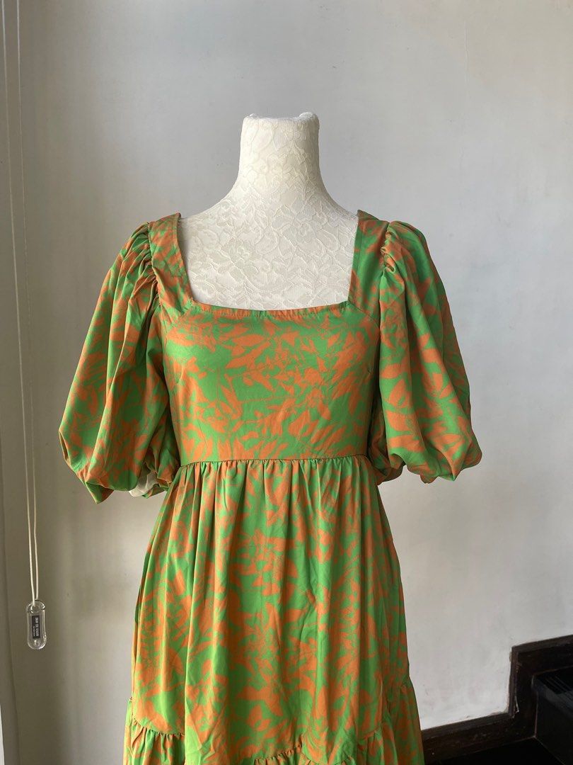 Green Floral Puff Sleeves Dress On Carousell