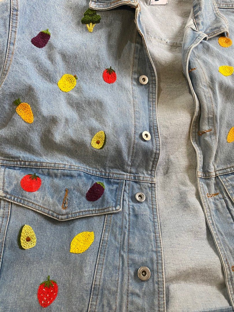 Quirky hand-embroidered fruits & vegetables on denim jacket on Carousell