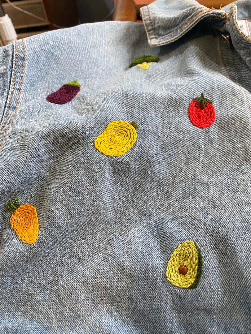 Quirky hand-embroidered fruits & vegetables on denim jacket on Carousell