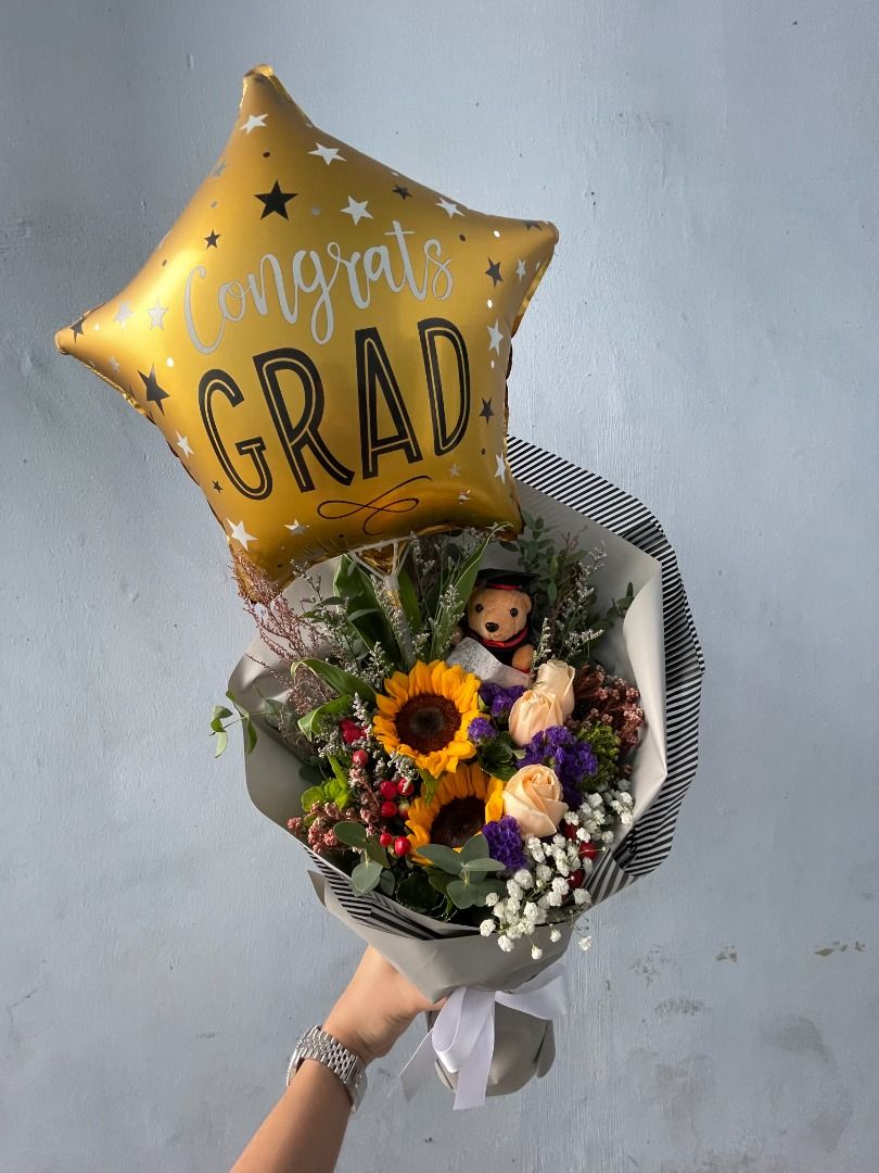 Happy Graduation! | Sunflowers, Champagne Roses, Mini Eucalyptus, Babys ...