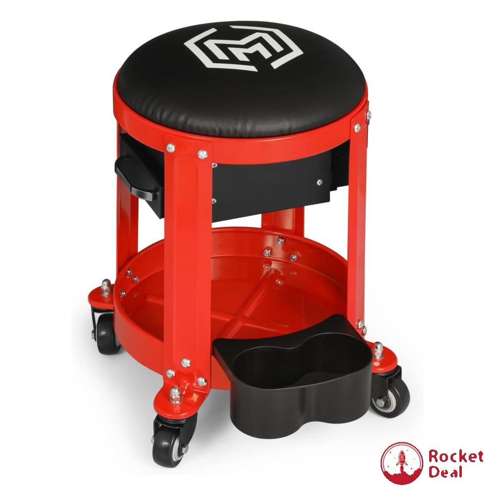 M-AUTO Rolling Workshop Mechanic Stool Creeper Seats with Tool Storage Drawers and Can Holders ...