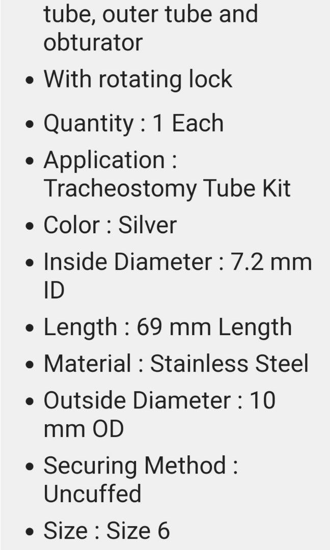 Metal tracheostomy tube. Size #6 for adult. Better than plastic ...