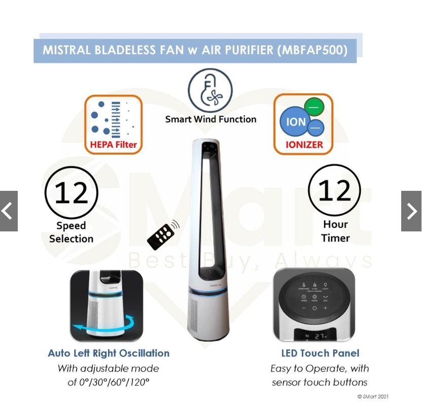 Mistral Bladeless Fan with Air Purifier & Remote Control [MBFAP500 ...