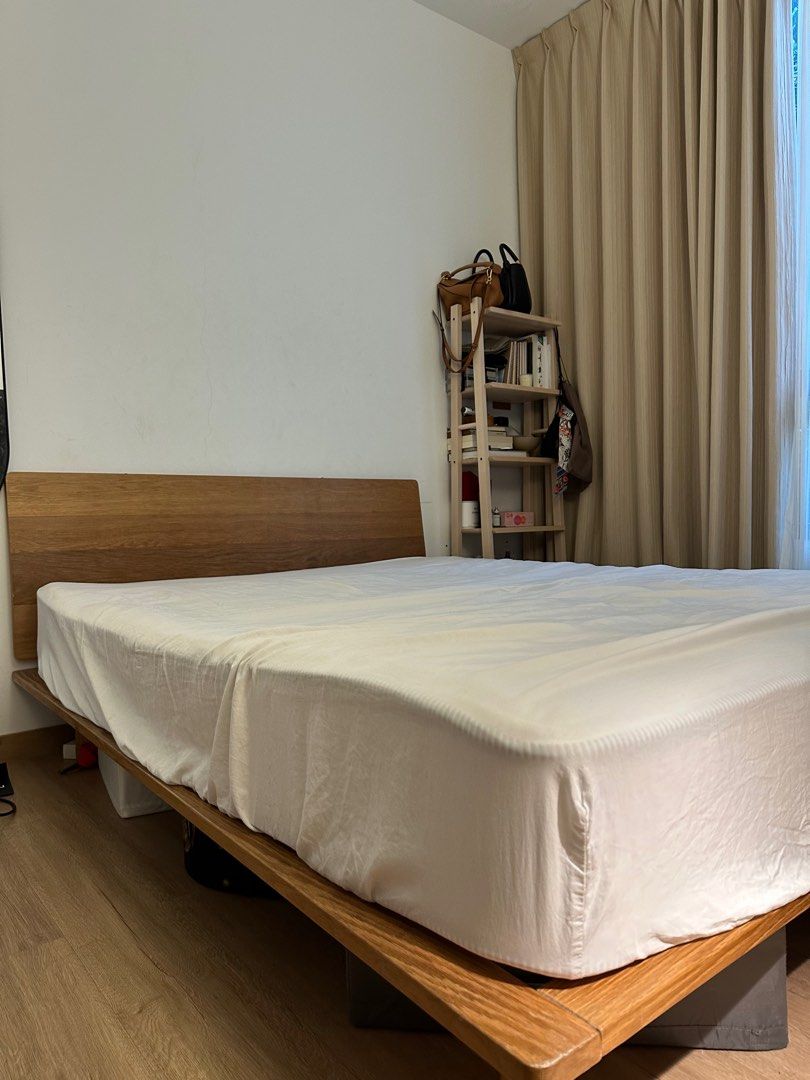 Muji Wooden Double Bed Frame with Headboard, Furniture & Home Living ...