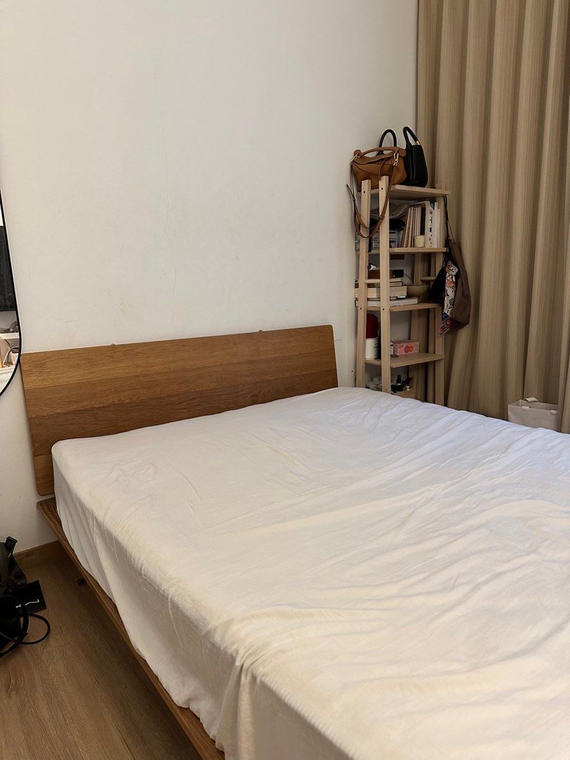 Muji Wooden Double Bed Frame with Headboard, Furniture & Home Living ...