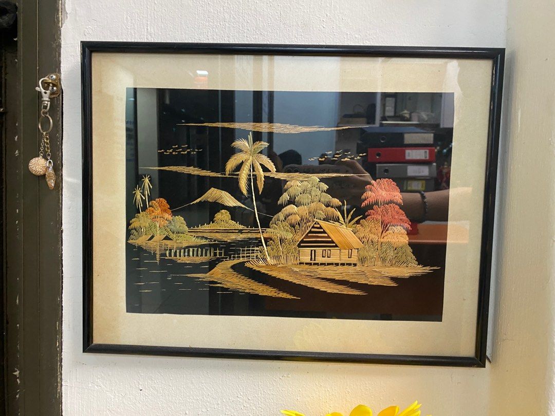 Rice Painting Traditional Asian Art With Black Frame - Mountains and ...