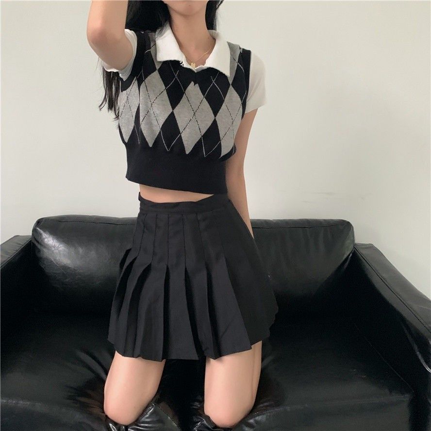 Bj373 Rompi Rajut Wanita Korean Style Fashion Retro Kotak Kotak V Neck Crop Fesyen Wanita