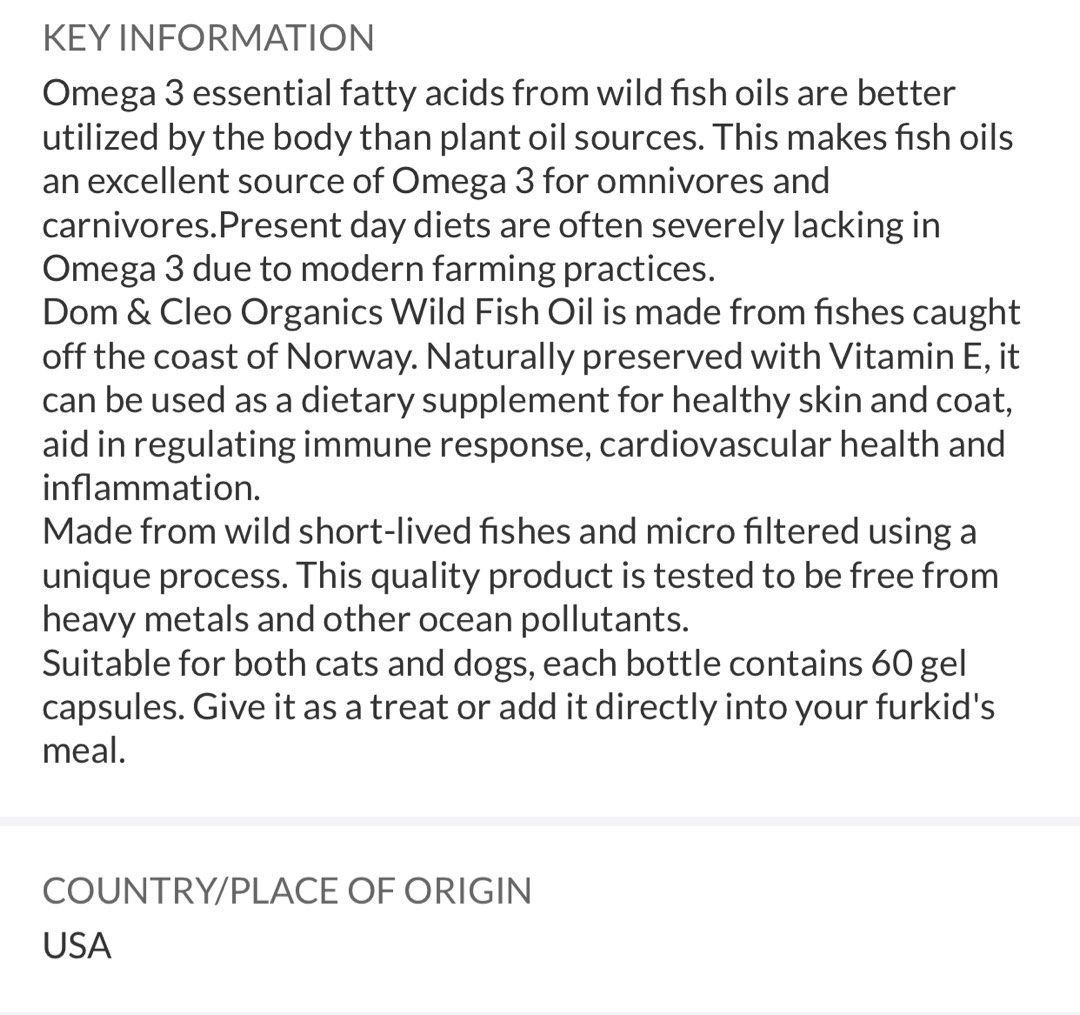 Dom & cleo wild fish oil dog cat supplement omega 3, Pet Supplies ...
