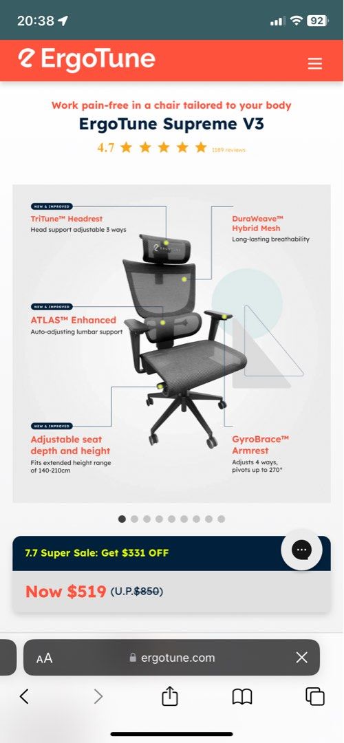 Ergotune Supreme V3 Charcoal Black, Furniture & Home Living, Furniture ...