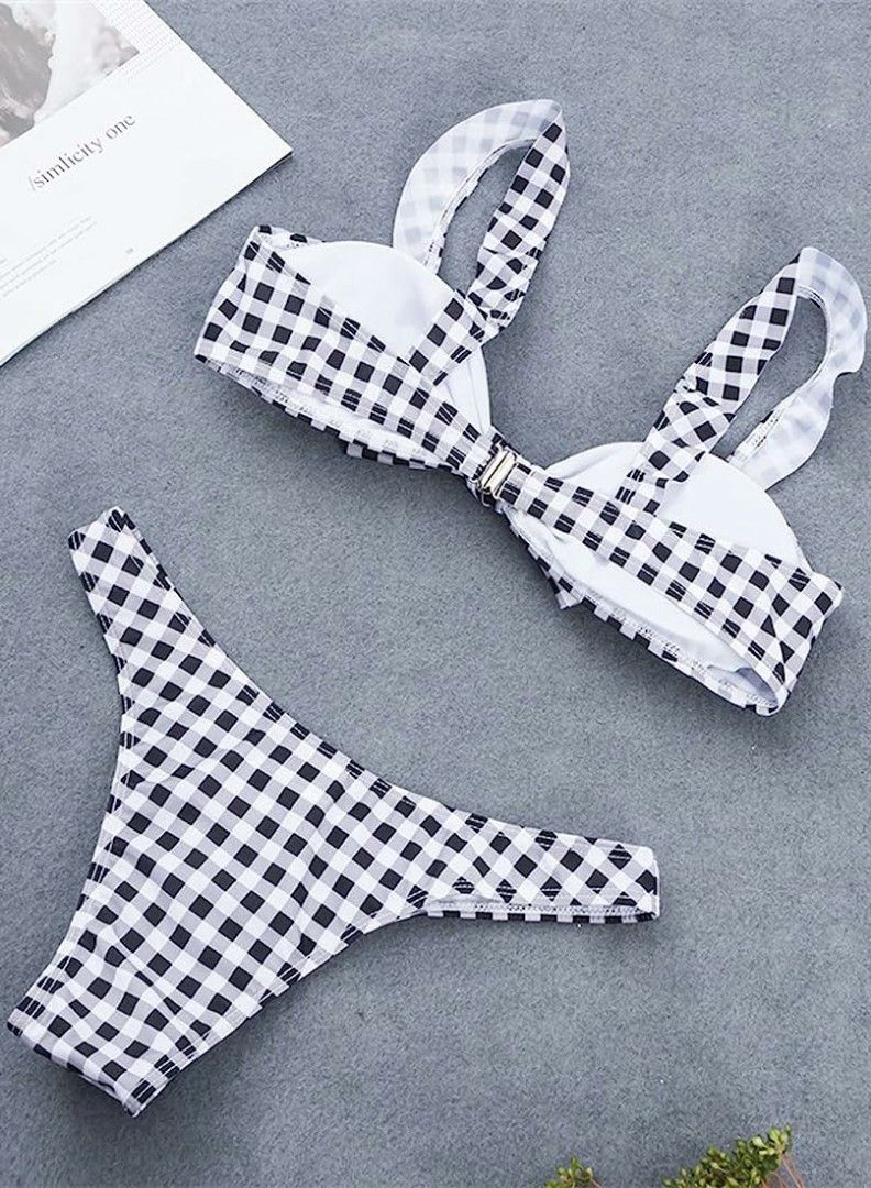 High cut Plaid Bikini two piece for women / plaid bow gingham bikini ...