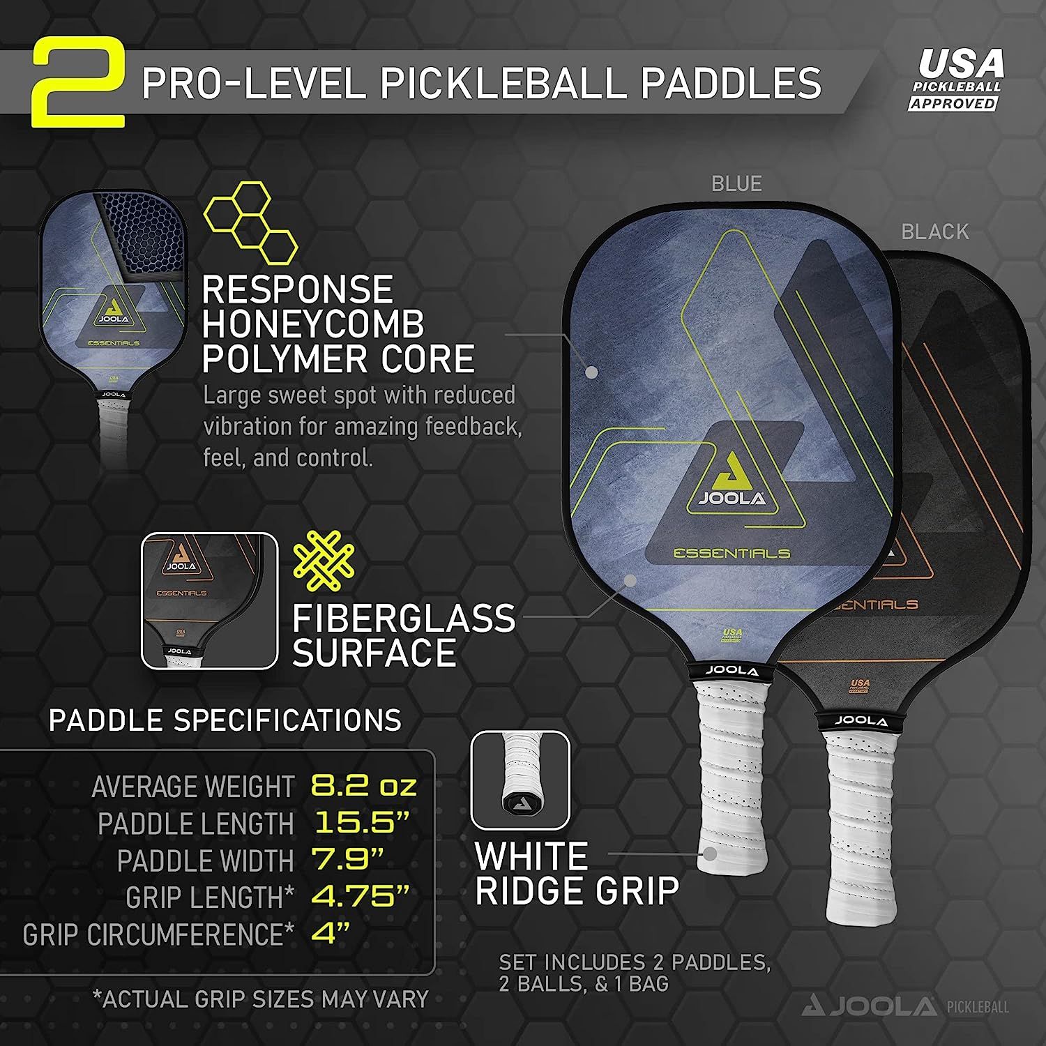 JOOLA Essentials Pickleball Paddles Set with Reinforced Fiberglass ...
