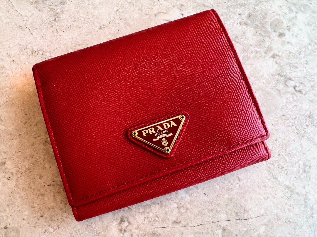 Prada Saffiano Leather Trifold Wallet in Fiery Red, Women's Fashion ...