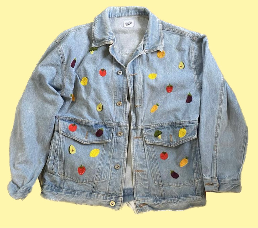 Quirky hand-embroidered fruits & vegetables on denim jacket on Carousell