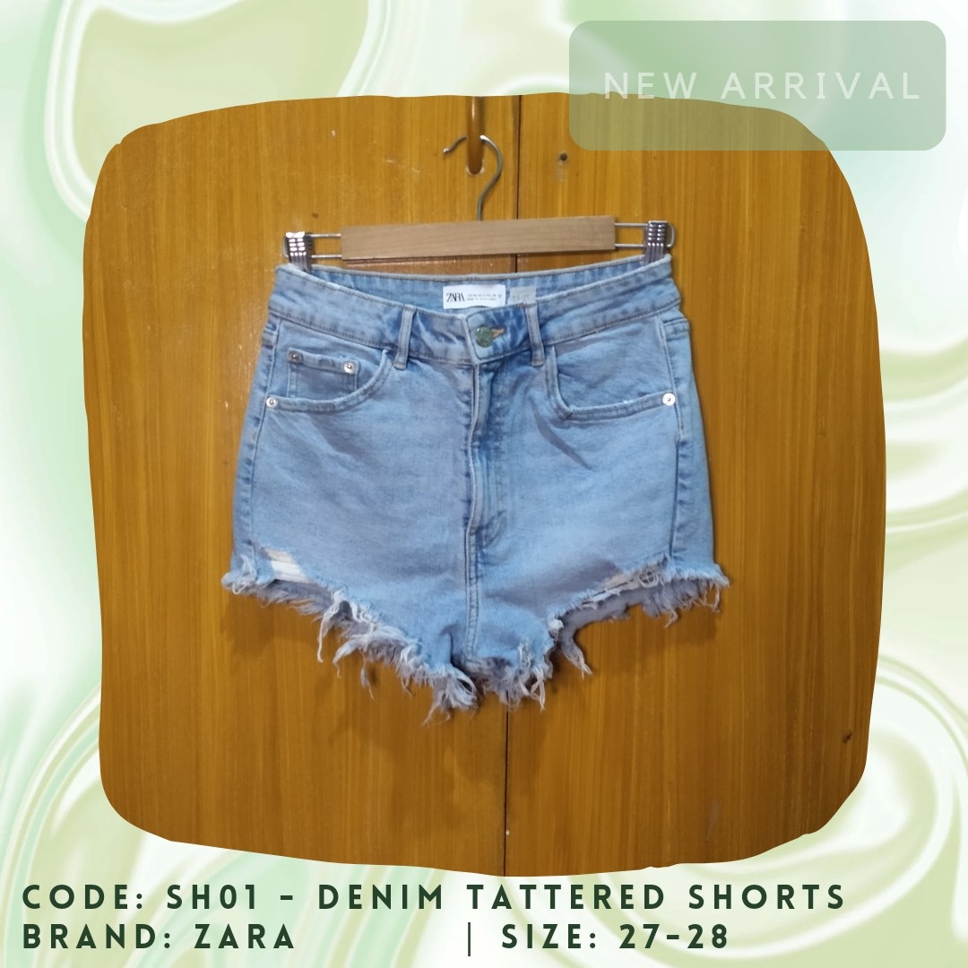 zara highwaist denim tattered beach short shorts, Women's Fashion ...
