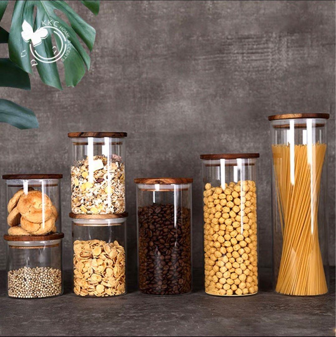 Acacia Glass canister pasta biscuits storage wood, Furniture & Home ...