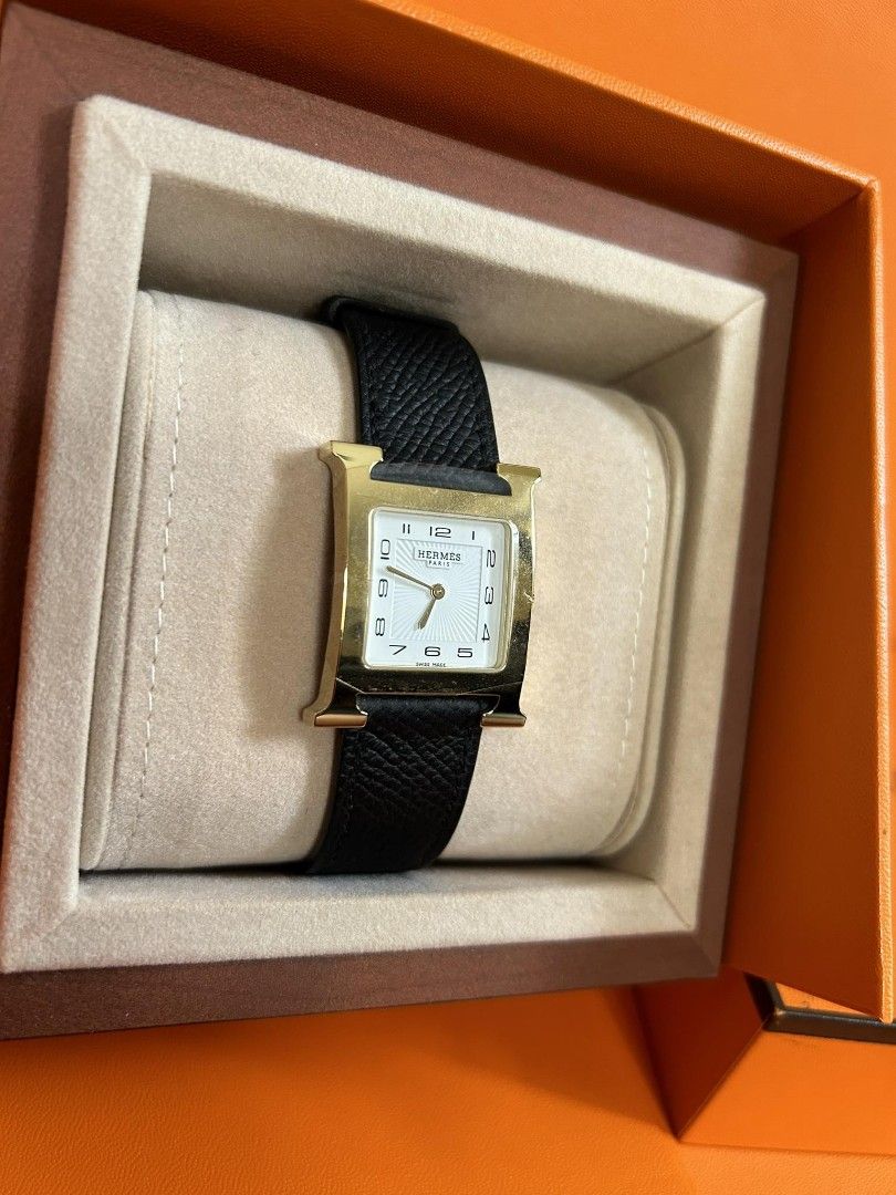 Hermes watch black/gold leather ghw stamp z, Luxury, Watches on Carousell
