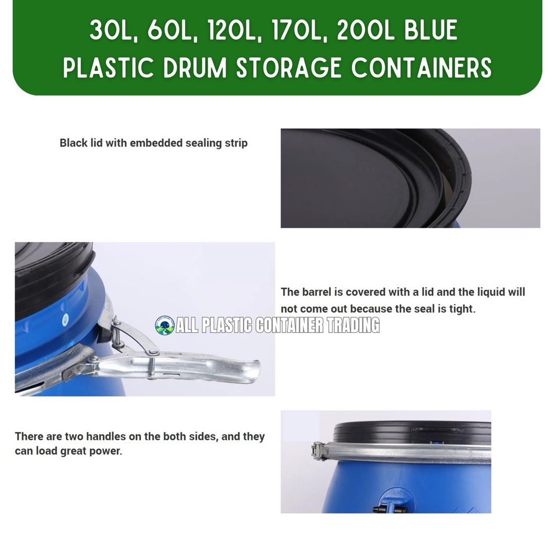 High Quality Plastic Drum Open Head with Black Lid and Metal Lock 60 liter 120 liter 200 liter ...