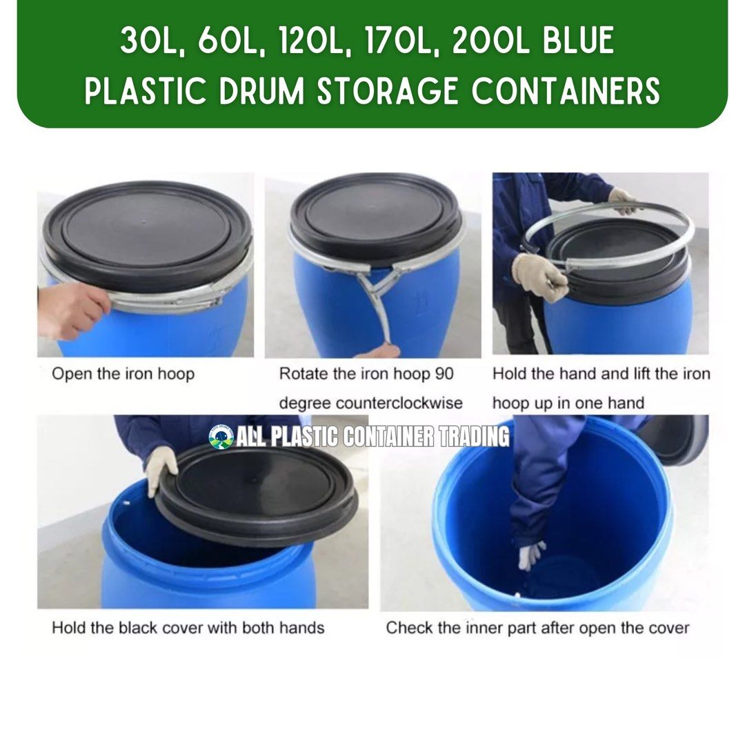 High Quality Plastic Drum Open Head with Black Lid and Metal Lock 60 liter 120 liter 200 liter ...