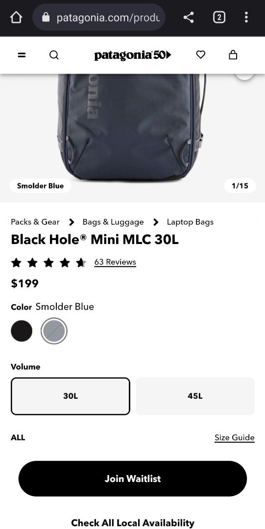 Patagonia Black Hole® Mini MLC 30L - Smolder Blue, Excellent Condition ...