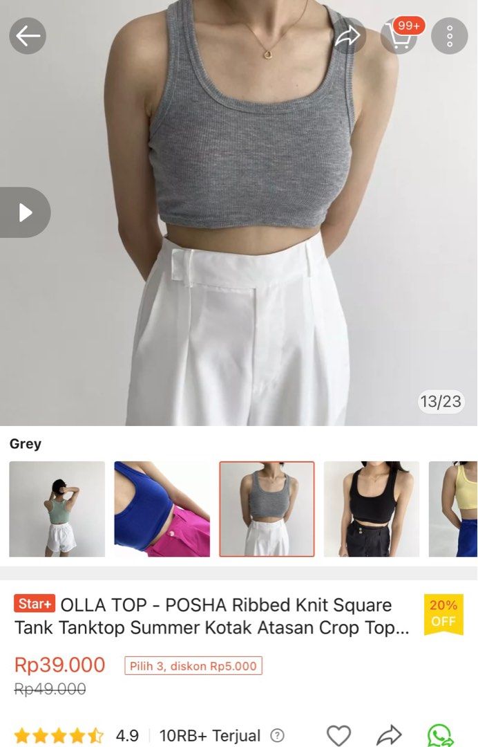 Posha Square Crop Tank, Fesyen Wanita, Pakaian Wanita, Atasan di Carousell