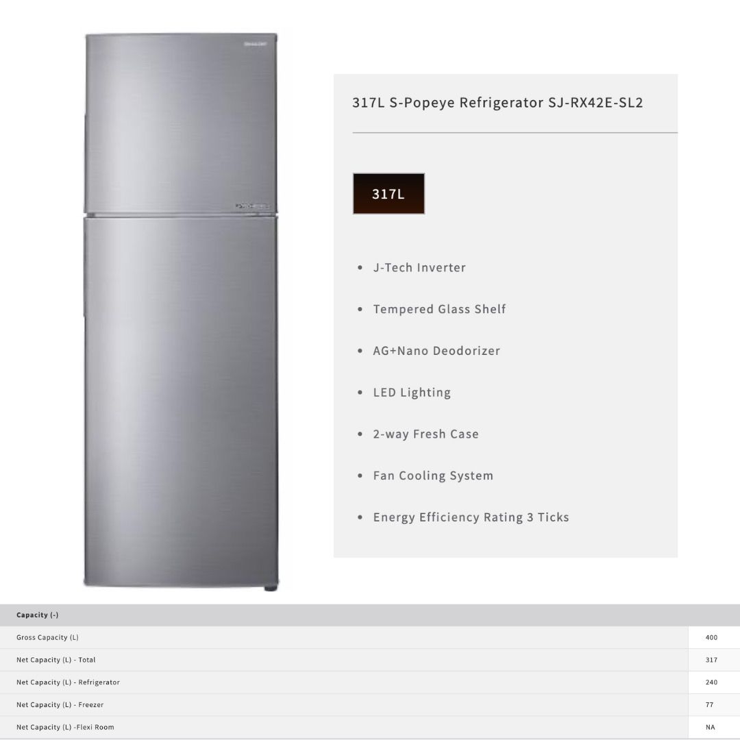 SHARP 224/315L 2 DOOR TOP FREEZER REFRIGERATOR [SJ-RX30E-SL/SJ-RX42E-SL ...