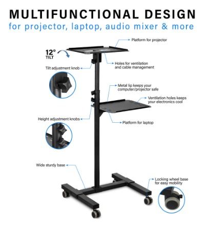 ULTi Projector & Laptop Stand, Rolling Cart w/ Ventilated Tray, Height ...