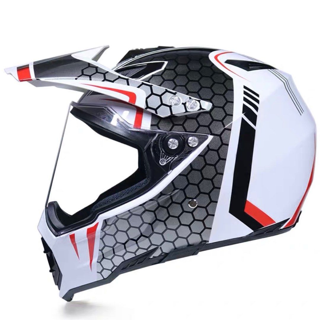White with Red and Grey Honeycomb Designs Full Face Adventure Dual ...