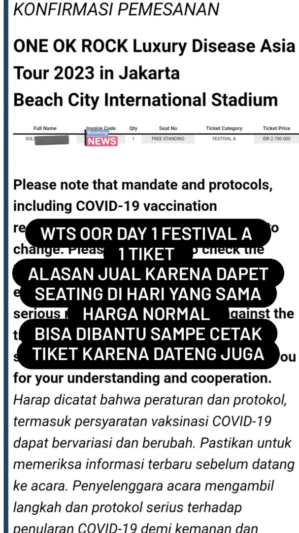 WTS Ticket ONE OK ROCK ASIA TOUR 2023 in Jakarta - Festival A, Tiket & Voucher, Tiket Acara di ...