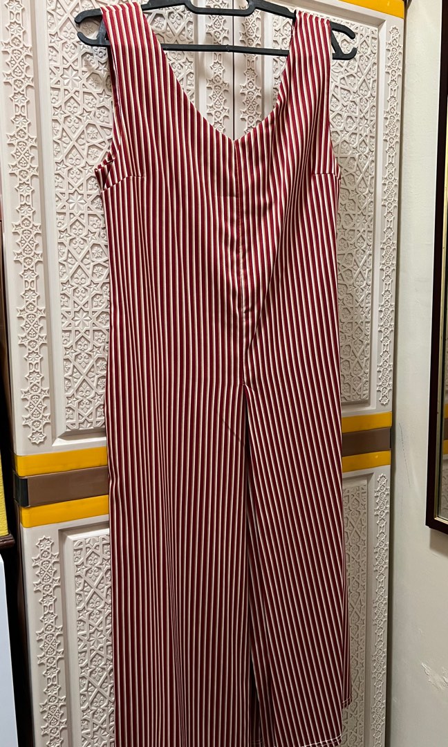 Yuan Jumpsuit Red Stripe Midi Culottes | Jumpsuit 7/8 Motif Garis Garis ...
