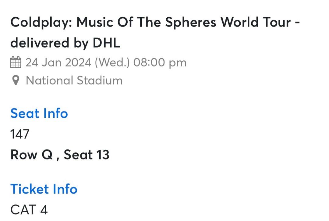 (3x CAT 4 SIDE-BY-SIDE) Coldplay Singapore Tickets | Wed, 24 Jan 2024 ...