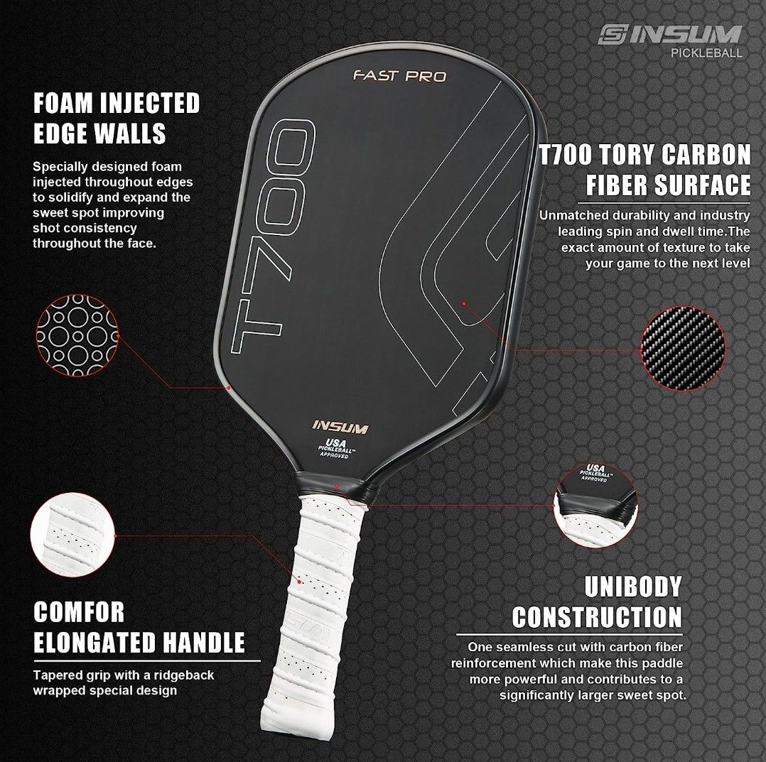 INSUM T700 FAST PRO PICKLEBALL PADDLE (16MM); 2023 NEWLY APPROVED BY ...