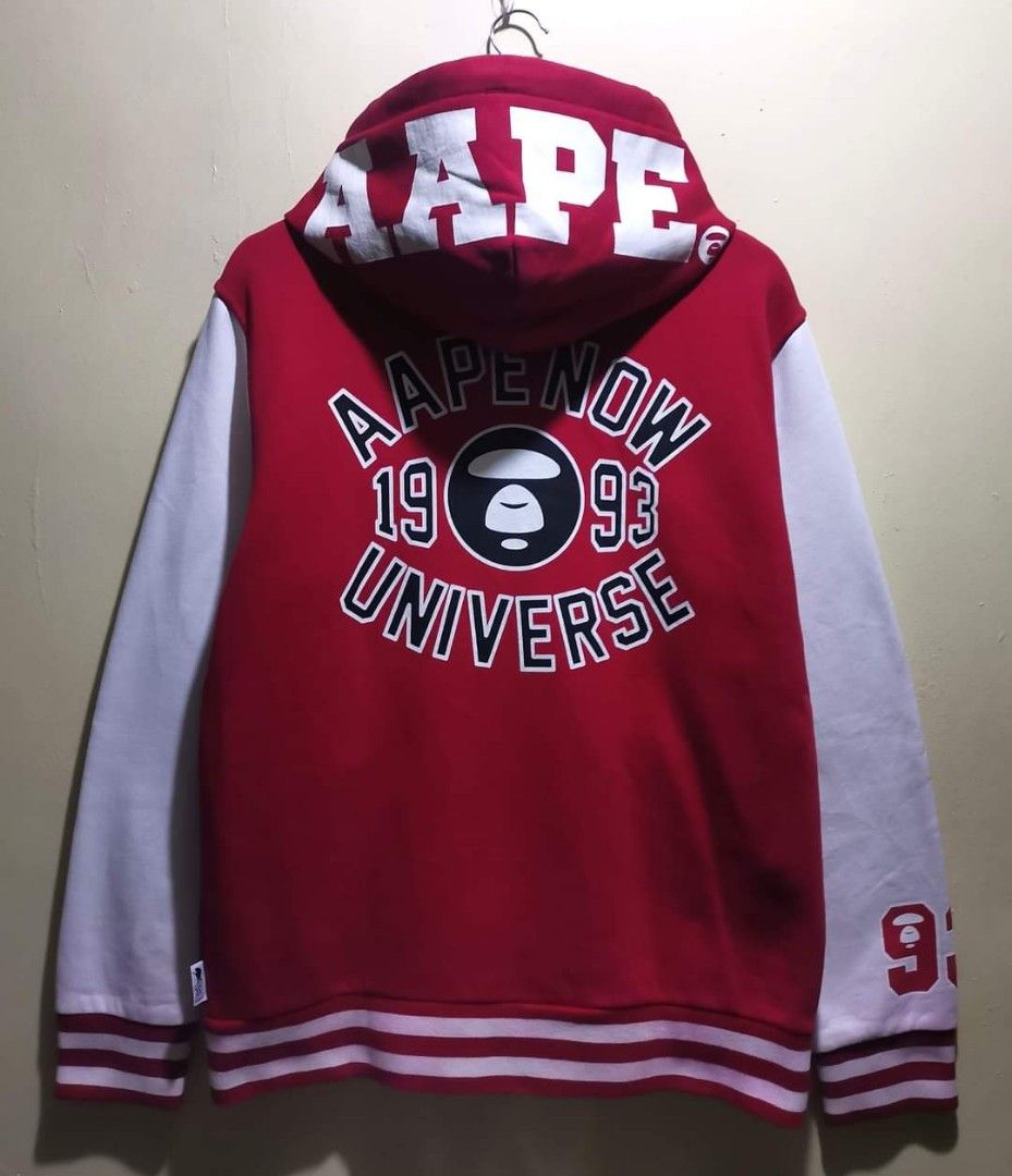 AAPE BIG LOGO/HOOD SCRIPT VARSITY HOODIE JACKET (RED) on Carousell
