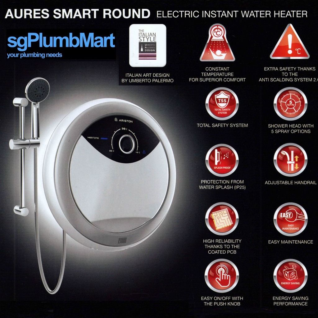 Ariston x sgPlumbMart RMC33 Instant Water Heater Aures Smart Round, Furniture & Home Living ...