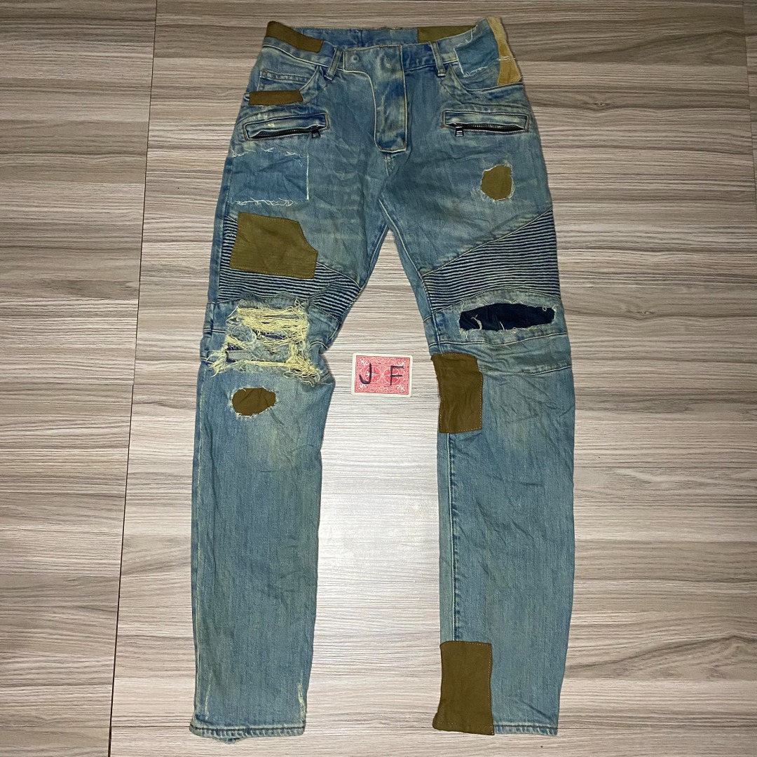 Balmain Destroyed Patchwork Denim Biker Jeans, Men's Fashion, Bottoms ...