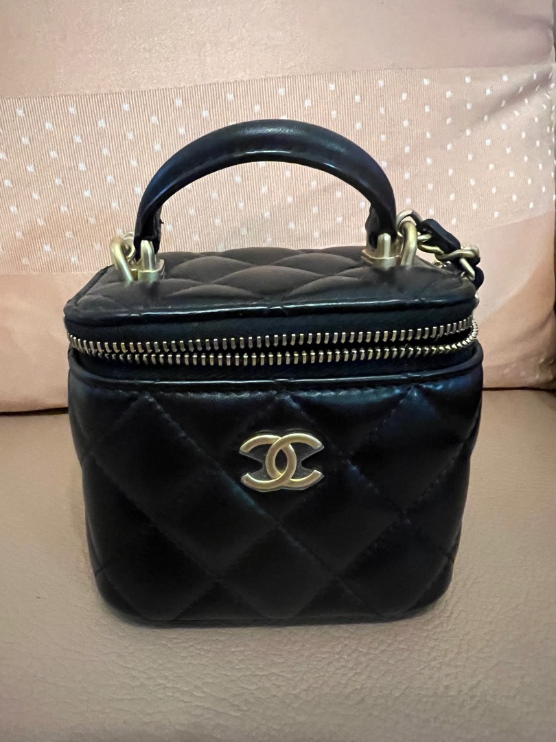 Chanel Mini Vanity on chain SLG black lamb skin ghw full set, Luxury ...
