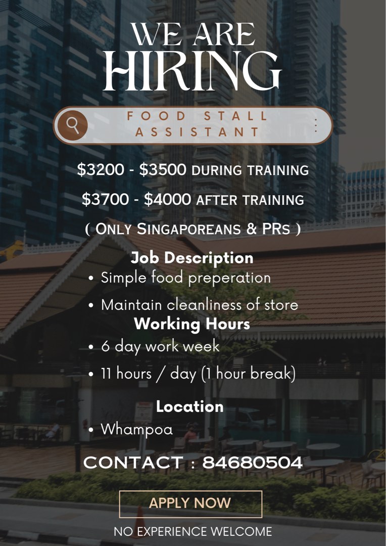 Food Stall Assistant/ Hawker/ FnB, Jobs, Hospitality, F&B on Carousell