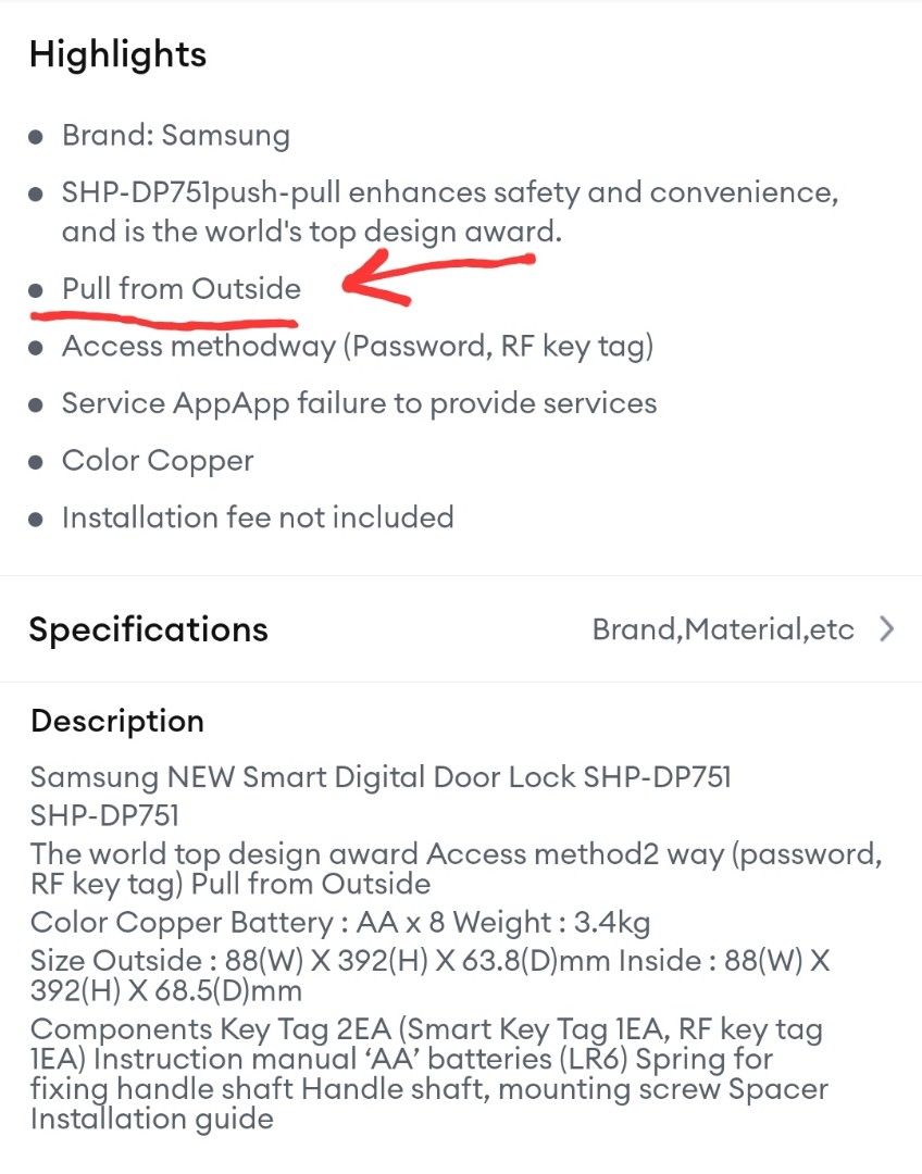 Samsung Digital lock SHP-DP751 "For Pull to Open from outside doors only", Furniture & Home ...
