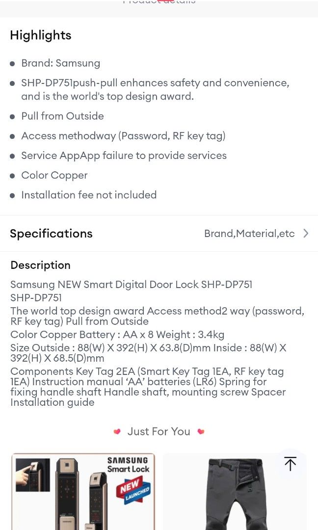Samsung Digital lock SHP-DP751 "For Pull to Open from outside doors only", Furniture & Home ...