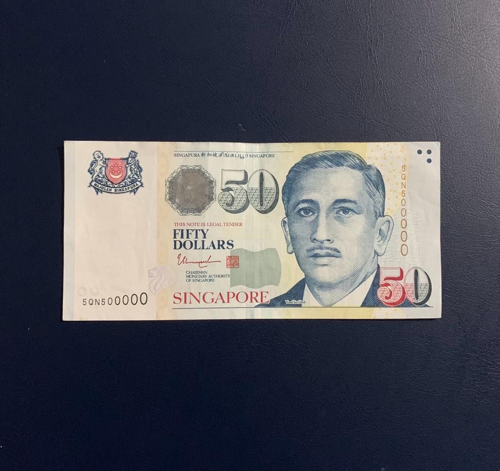 Singapore 50 dollar Currency Note with Serial number 500 Thousand ...